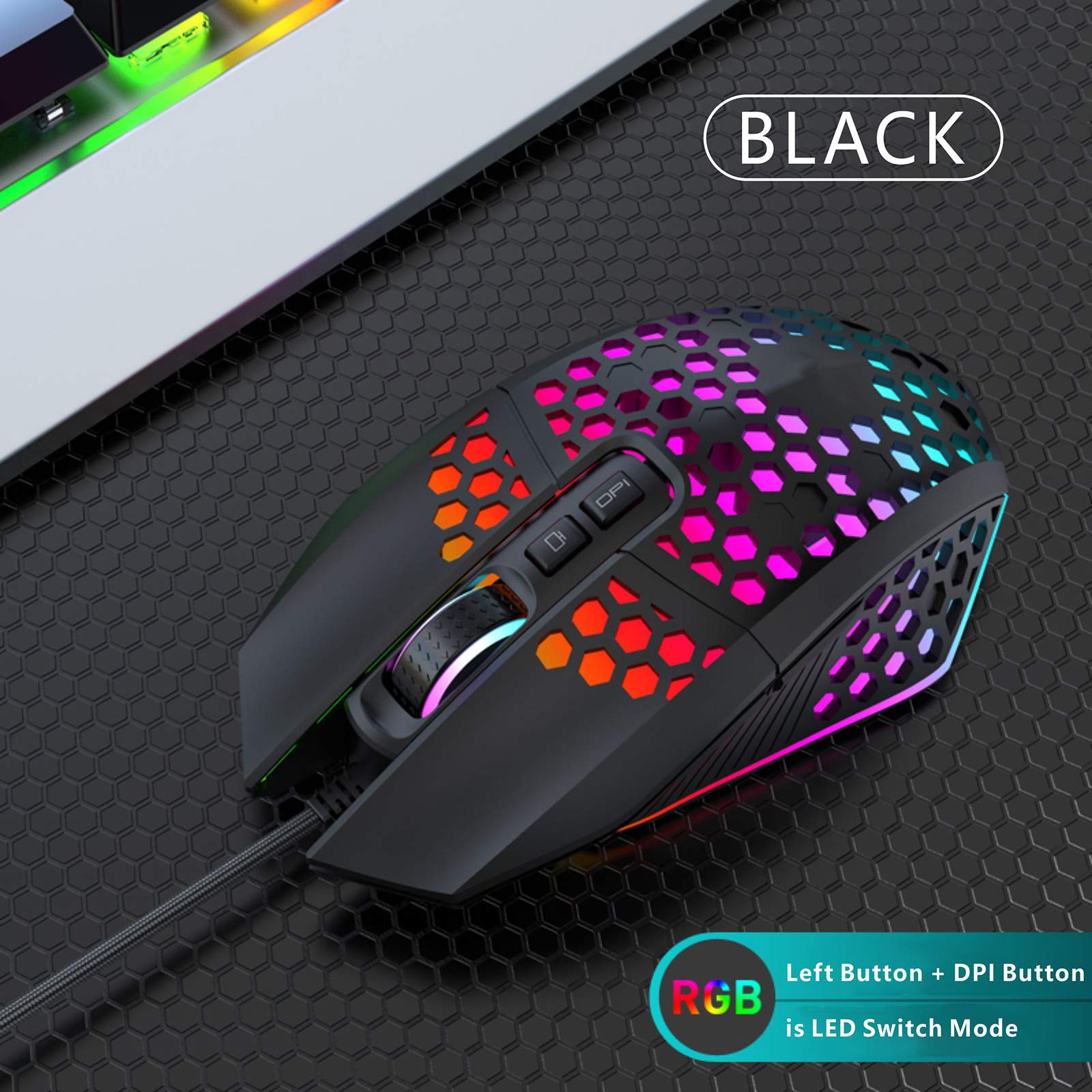 Uiosmuph X801 Wired Gaming Mouse, Honeycomb Lightweight Gaming Mouse with RGB Backlit, 7 Programmable Buttons and One-Click Desktop, 8000 DPI Optical USB Gamer Mouse for Mac, Laptop, Computer - Black