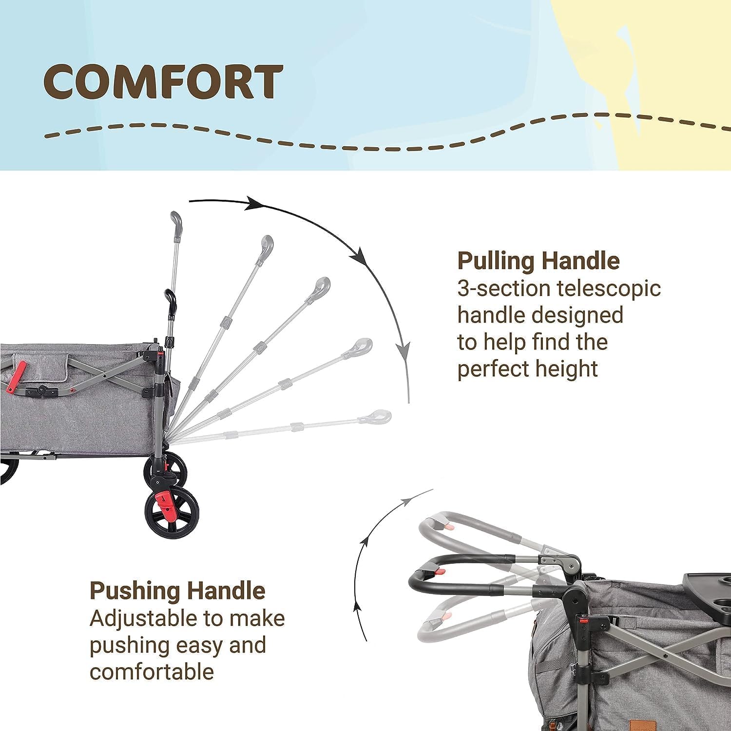 Busy Bee Foldable Wagon Stroller for 2 Kids, Push Pull Collapsible Kids Wagon with Adjustable Handle Bar, Removable Canopy, 5-Point Harness, Shock-Absorbing Wheels, Grey