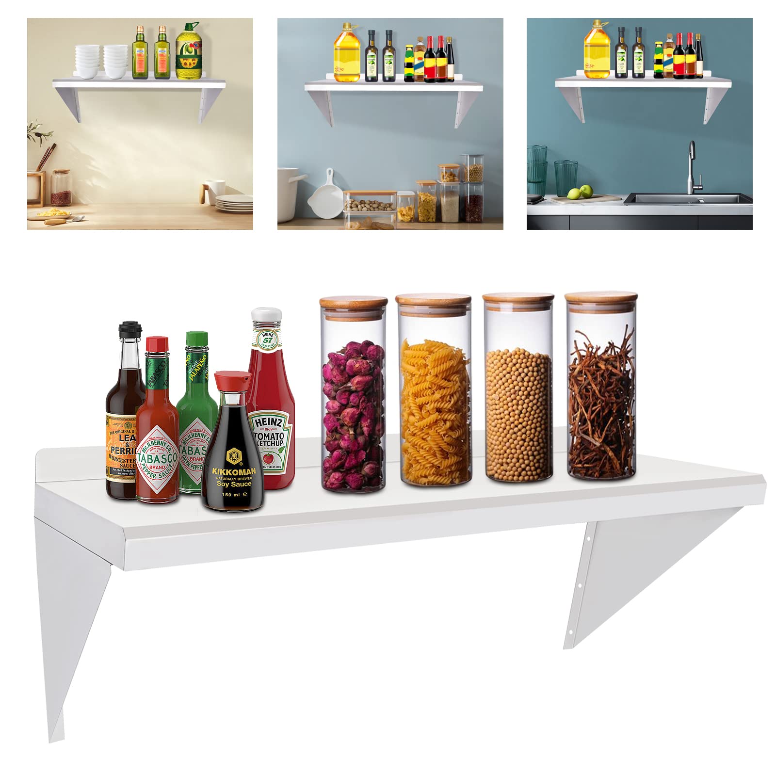 DNYSYSJ 12” x 36” Stainless Steel Wall Shelf, Heavy Duty 110lbs Metal Shelf Commercial Wall Mount Floating Shelving with Backsplash for Restaurant, Utility Room, Kitchen and Garage