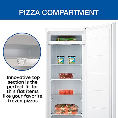 Koolatron Garage-Ready 7.0 Cu Ft Upright Freezer Low-Frost Technology Premium Insulation Repositionable Shelves Pizza Compartment Reliable Compressor Cooling Ideal Basements Outbuildings