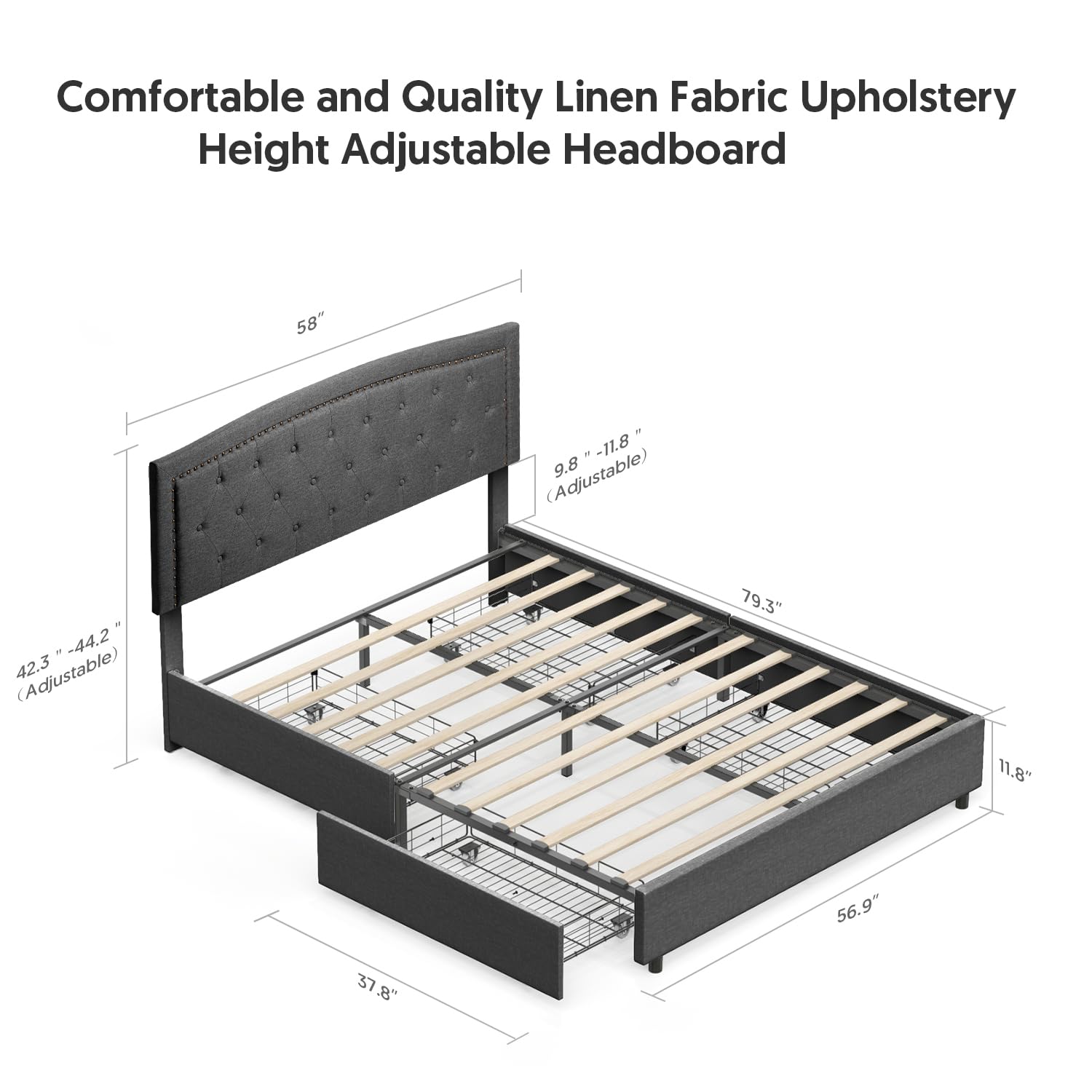 BONSOIR Queen Size Dark Grey Storage Bed Frame Upholstered Low Profile Traditional Platform with Tufted and Nail Headboard