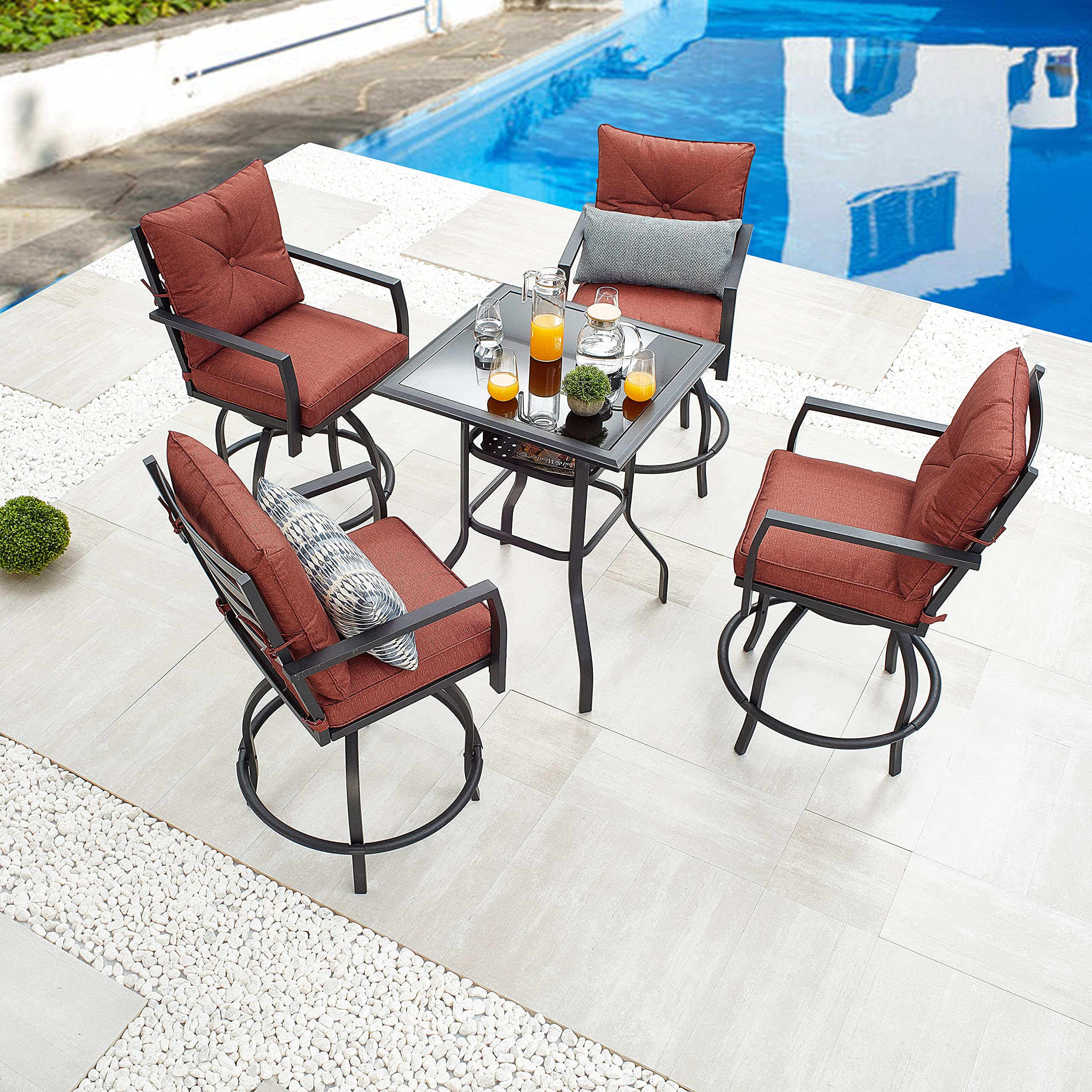 LOKATSE HOME 5 Pieces Outdoor Bistro Set Patio Swivel Metal Furniture Bar Height Dining Chairs with Cushion & Table, Red