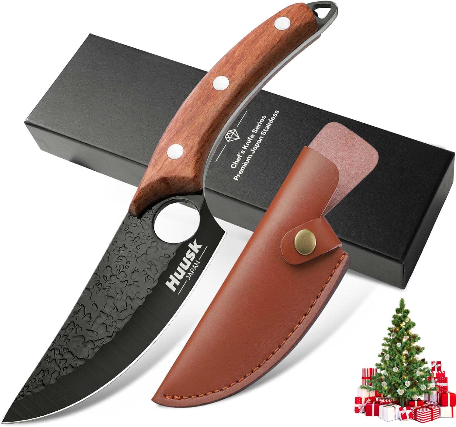 Huusk Knives, Viking Boning Knife for Meat Cutting, Small Ulu knife, Caveman Ultimo Knife Hand Forged Full Tang Knife for Kitchen or Camping Gift for Dad