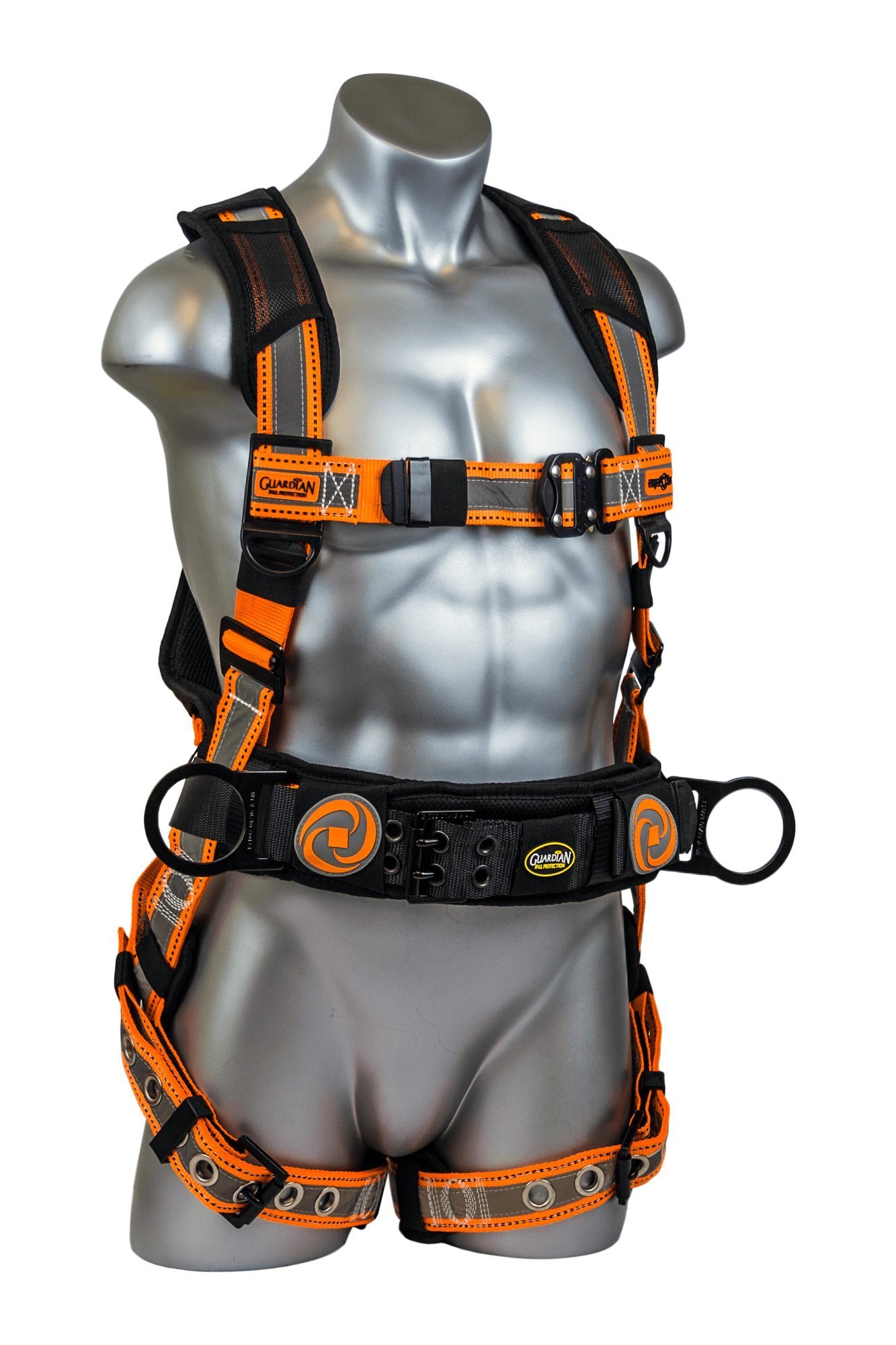 Guardian 21060 Cyclone Construction Harness with Sewn-On Silver Reflective Webbing, Quick Connect Chest, Tongue Buckle Waist and Tongue Buckle Legs, Small, Black/Orange