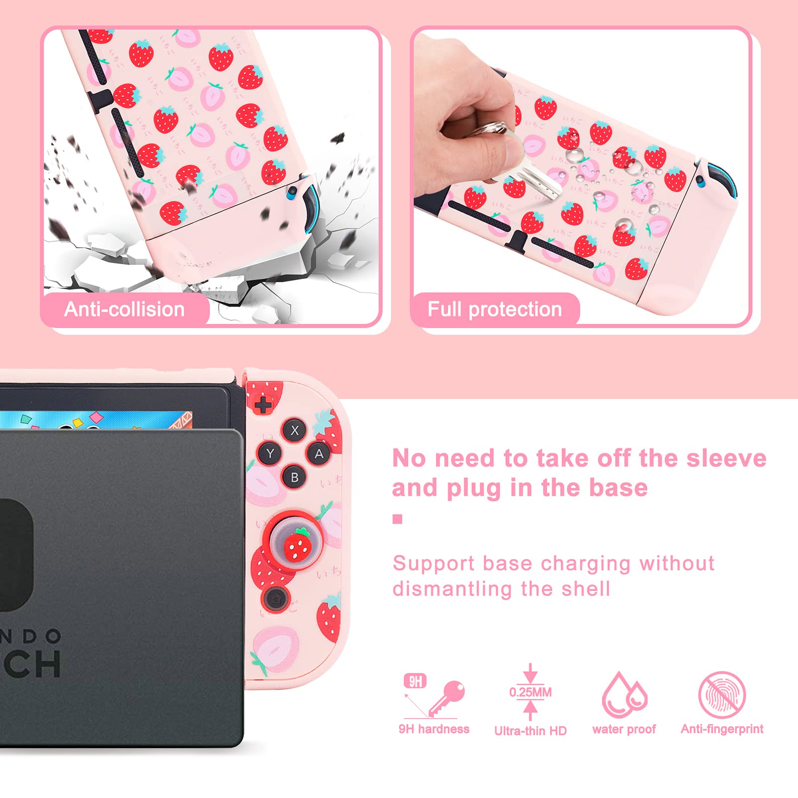 BRHE Cute Carrying Case Compatible with Nintendo Switch with Dockable Protective Cover/Tempered Screen Protector /Thumb Grip Caps,Pink Accessories Bundle for Girls