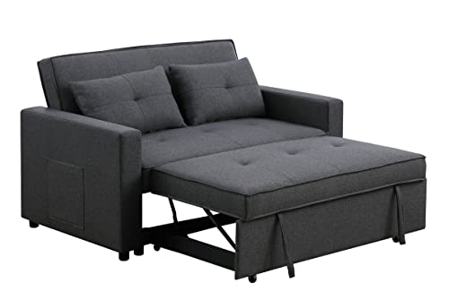 FANYE 56" Linen Upholstered Loveseat Sleeper Sofa with Pull-Out Couch Bed, 2-Tiers Side Storage Pockets and 2 Accent Pillows for Apartment Office Small Space Living Room Furniture Sets, Black