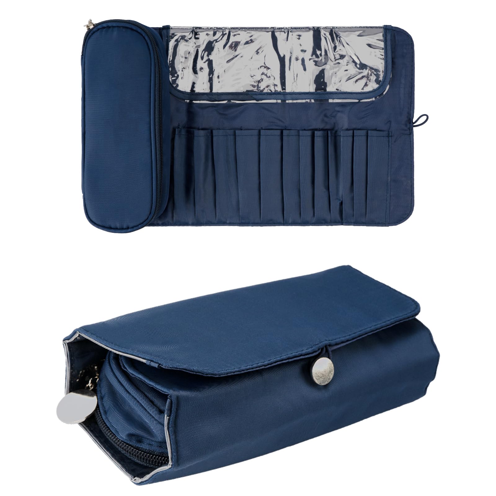 DODAMOUR Portable Folding Makeup Brush Bag with Silicone Foldable Brush Cleaning Bowl, Multifunctional Cosmetics Rolling Storage Case Makeup Brush Holder, Makeup Brush Organizer Bag for Travel (Blue)