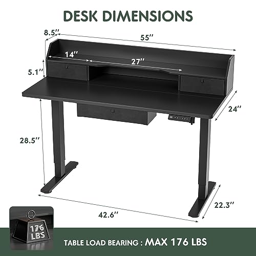 Homall Electric Standing Desk with Triple Drawers, Adjustable Height Stand Up Desk, 55 x 24 Inch Table with Storage Shelf, Sit Stand Home Office Desk with Splice Board (Black)