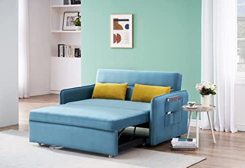 FANYE Velvet Upholstered Loveseat Sleeper w/Side Storage Pockets, 54'' 2-Seaters Sofa with Pull-Out Couch Bed with 2 Pillows & Adjustable Backrest for Living Room Apartment Office Compact Space, Teal