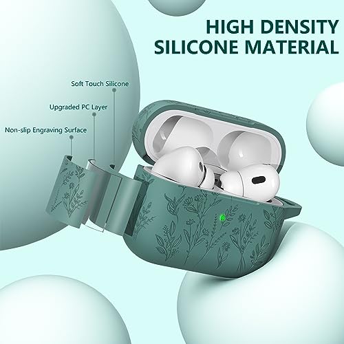 Flower Engraved Case for Apple AirPods Pro 2 Gen,Soft Silicone Protective Case Cover for AirPods Pro 2nd/1st Generation AirPod Case with Clean Kit Carabiner,Lanyard,Front LED Visible,Pine Green