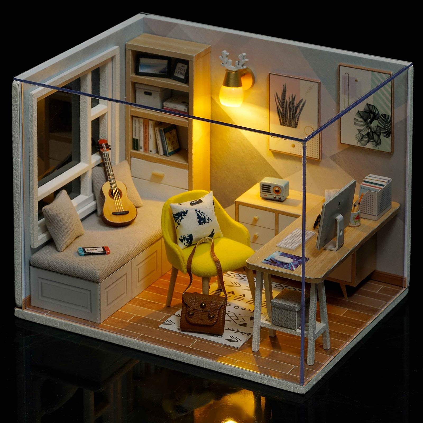 piberagi DIY Miniature Dollhouse Kit, 1:32 Scale Creative Room Mini Wooden Doll House with Furniture Plus Dust Proof for Kids Teens Adults(Study Room)