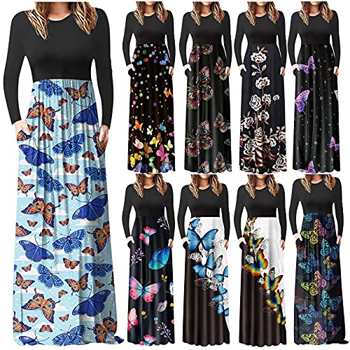 Butterfly Maxi Dress for Women Patterned Pleated Shift Dress Long Sleeve Round Neck Pockets Swing Dress White