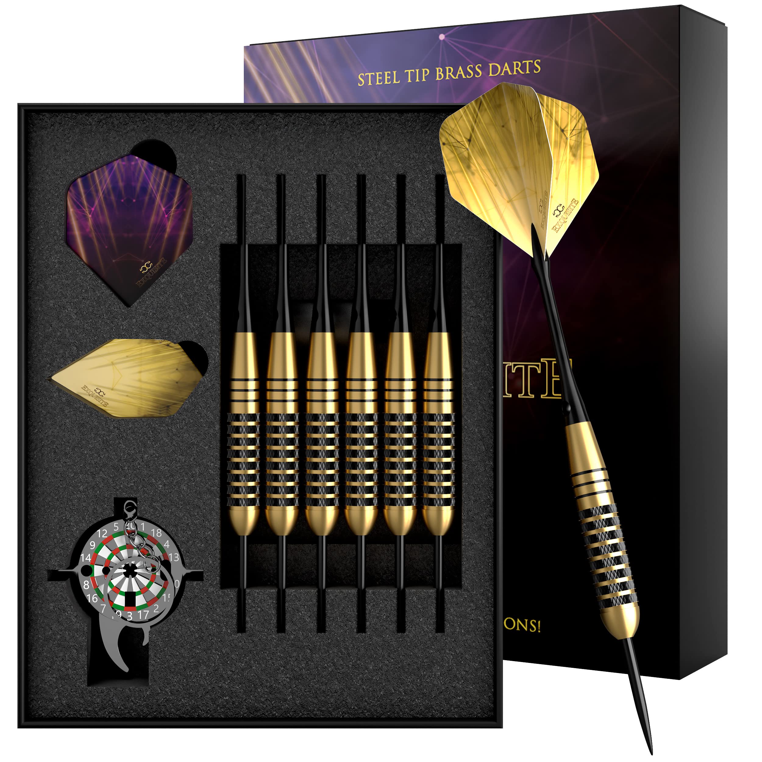 CC-EXQUISITE Premium Steel Tip Darts Set - Professional Darts, Brass Barrels, Metal Tip Darts, Extra Flights, (12) Aluminum Shafts 35/48, O-Rings, Dart Tool, Dart Sharpener, Darts Case