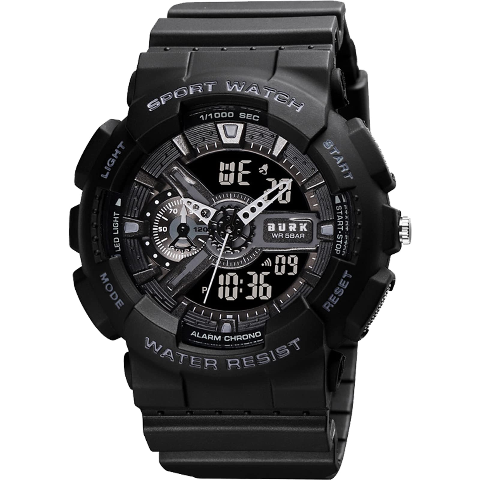 BURK 1688BK Military Wristwatch Men Water Shock Resistant Dual Time Sports Digital LED Display