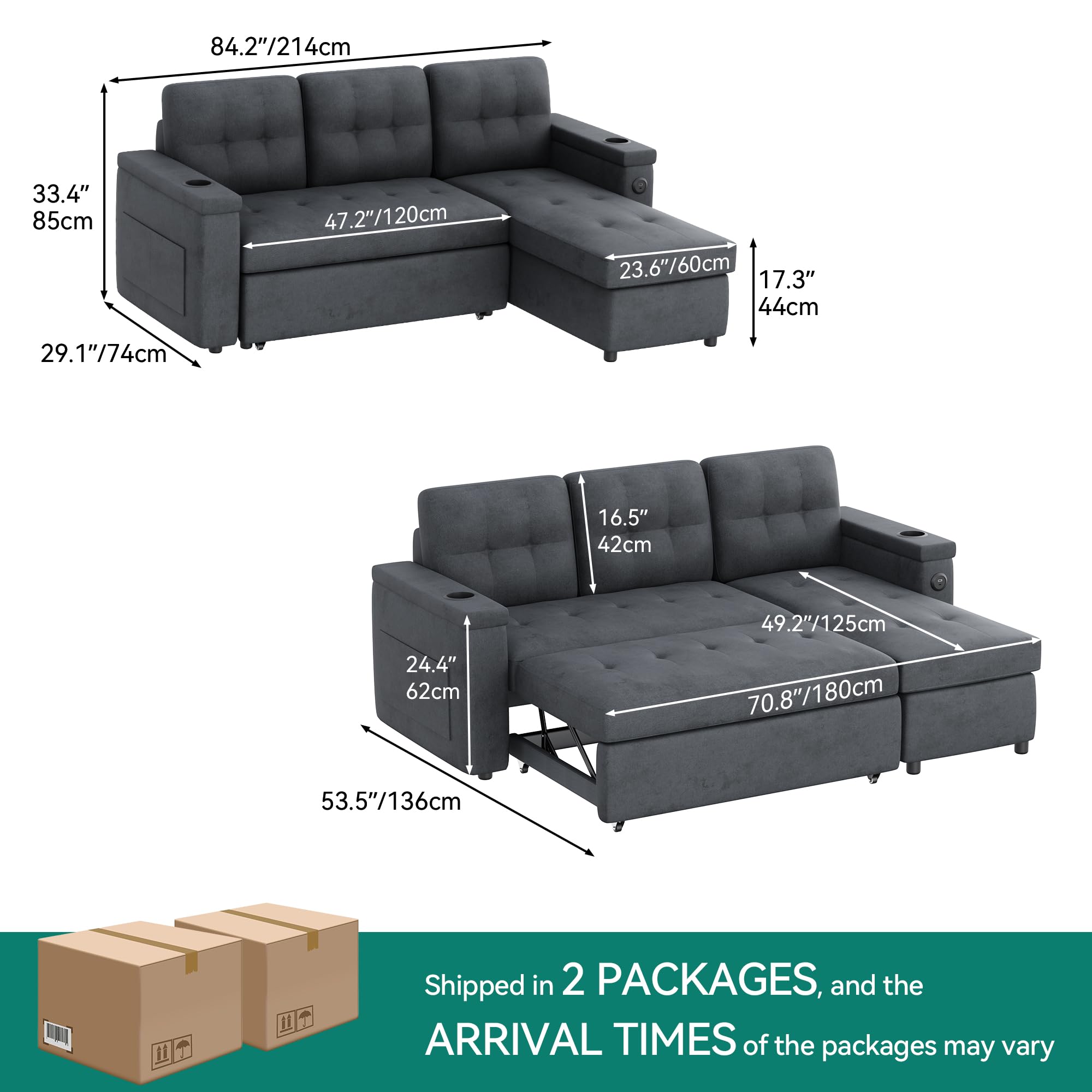 DWVO L-Shaped Sectional Sofa Bed, Sleeper Sofa with Pullout Couch, USB Ports, and Storage Chaise - Reversible Sleeper Couch for Small Apartments, Living Room Gray