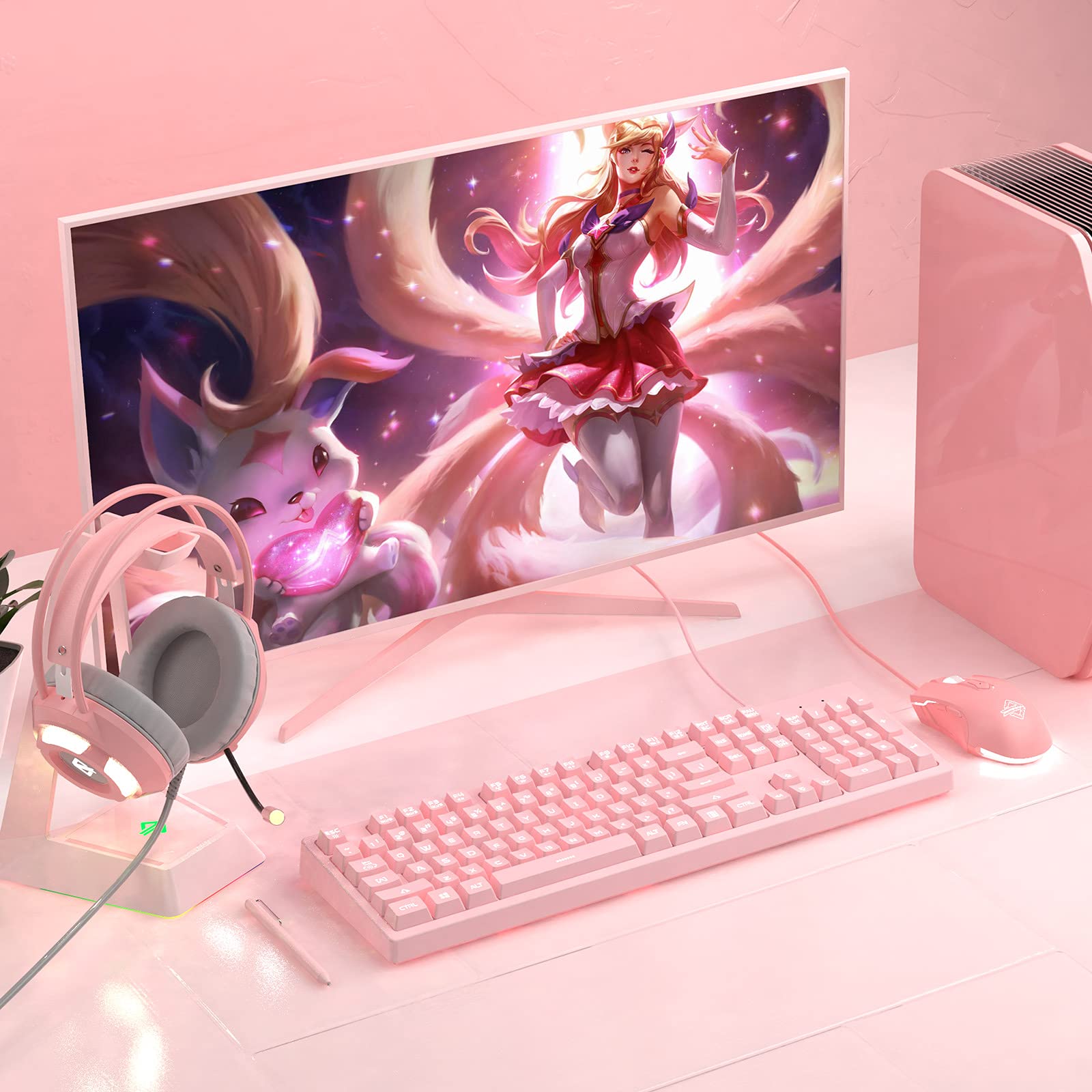 Lomiluskr AJ52 Gaming Mice Wired, Programmable 7 Buttons, Computer Mice with RGB LED Backlit, 500-2750 DPI Adjustable,for Windows/Mac OS/Linux (Pink-Old Packing)