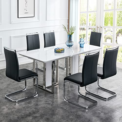 Dining Room Table Set for 6,Modern 71 Inch Rectangular Dining Table For 6-8 Persons,With 6 Black Faux Leather Upholstered High-Back Dining Chairs For Dining Room / Kitchen (Table + 6 Black Chair)