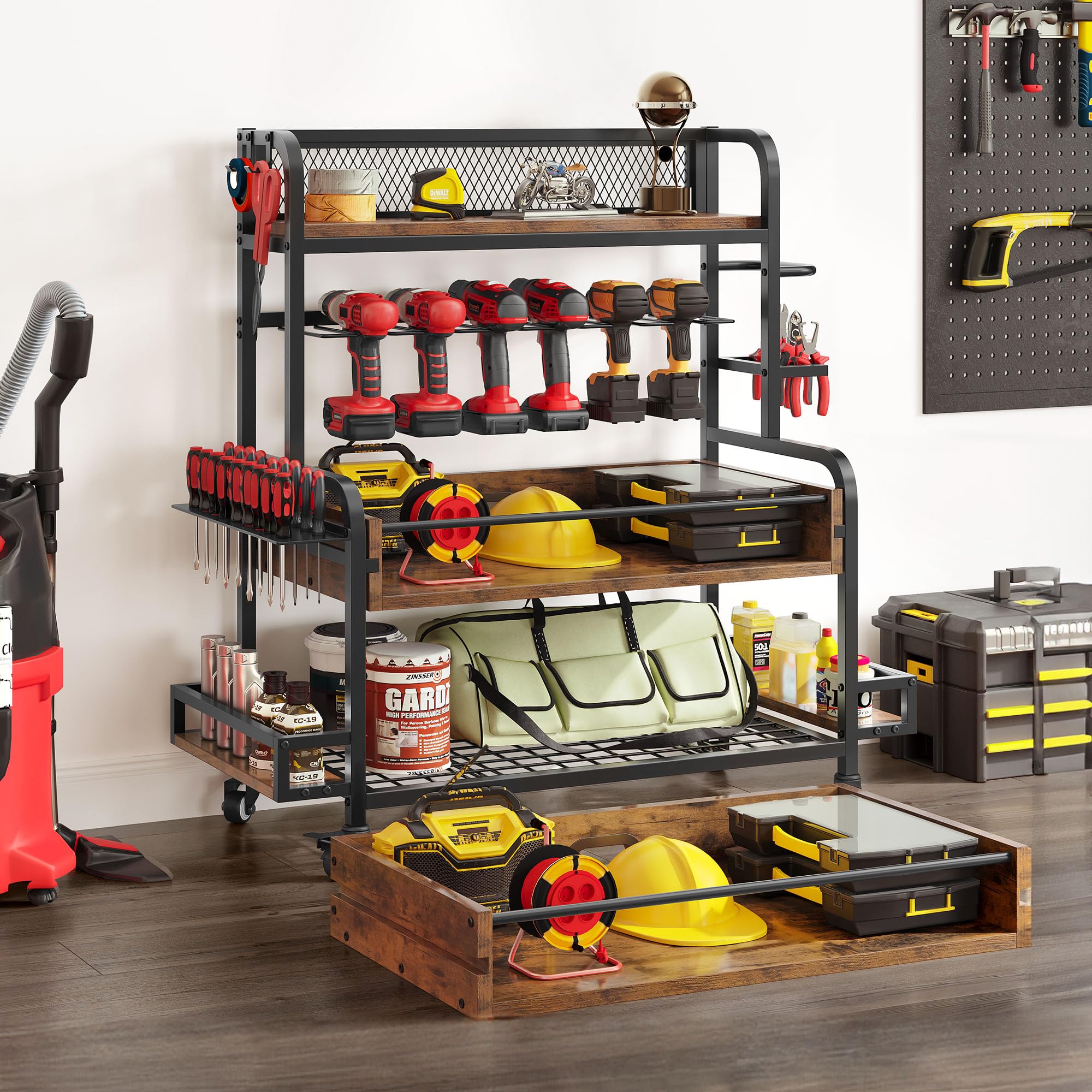 DWVO Large Power Tool Organizer Cart with Wheels, Rolling Garage Tool Organizer Cart with Movable Shelves, Power Tool Storage Cart for Mechanic Workshop Garage Gift for Men
