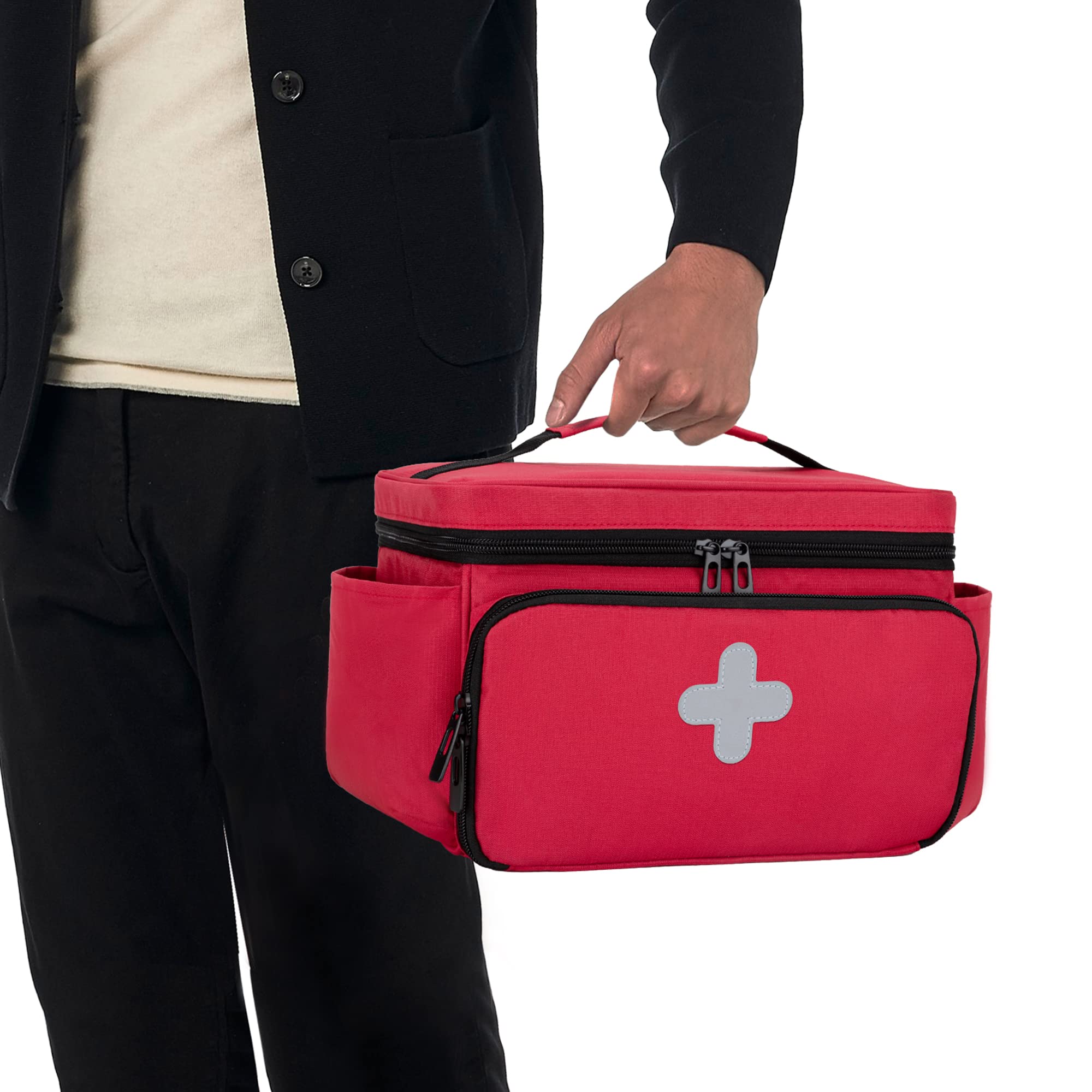CURMIO Small Medicine Storage Bag Empty, Family First Aid Box, Pill Bottle Organizer for Emergency Medical Supplies, Red (Bag Only, Patent Pending)
