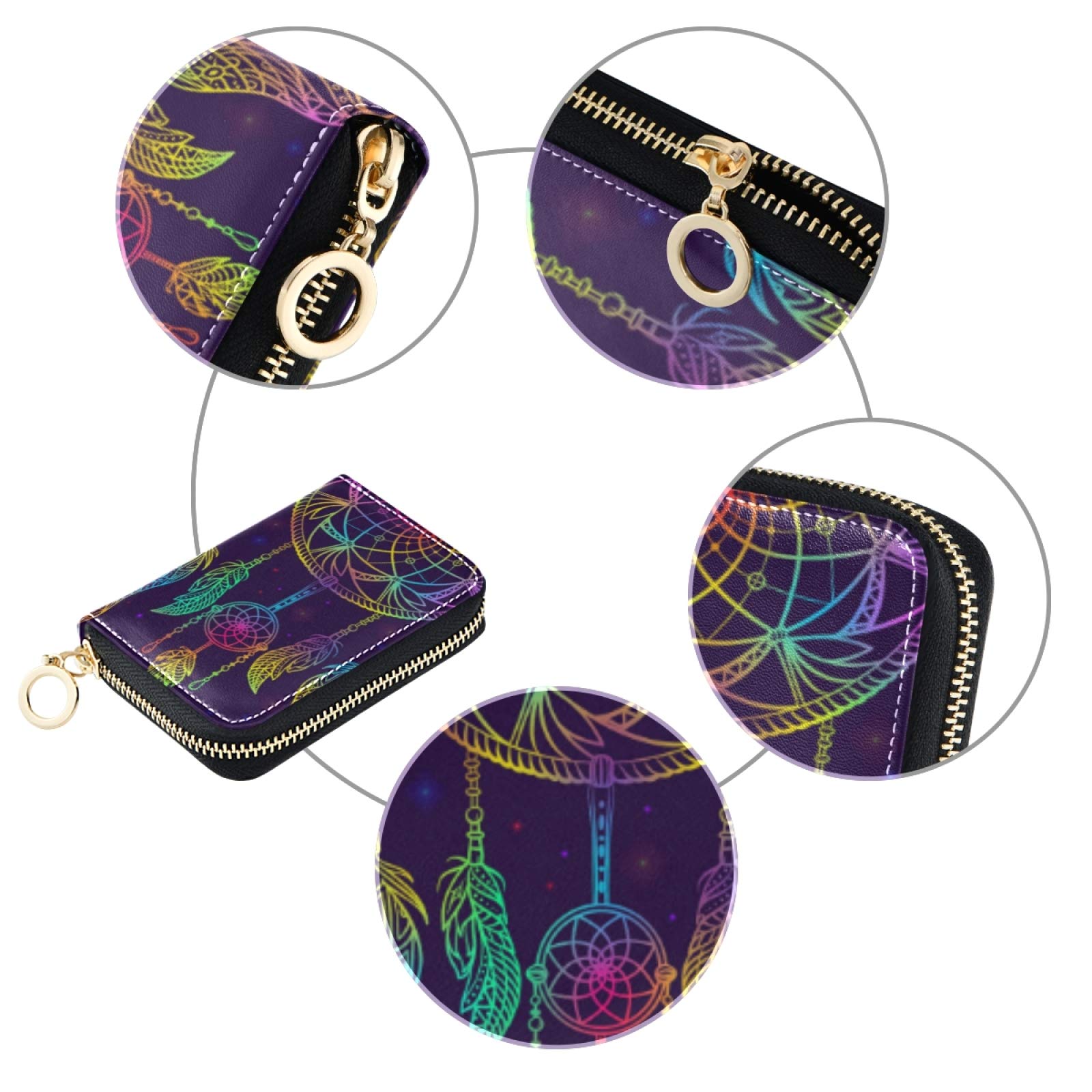 susiyo Colorful Dream Catcher Feathers Credit Card Wallet, RFID Blocking Compact Women Leather Card Holder Zipper Purse