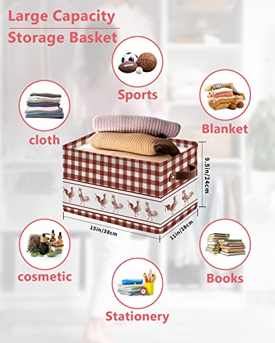 Farmhouse Rooster Storage Bins 1 Pack, Large Waterproof Storage Baskets for Shelves Closet, Rustic Farm Animals Red White Plaid Storage Basket Foldable Storage Box Cube Storage Organizer with Handles