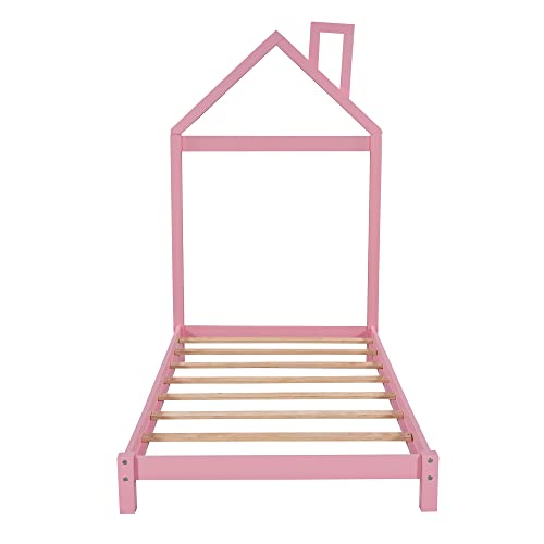 FIQHOME Twin Size Wood Platform Bed with House-Shaped Headboard,Toddler Floor Bed with Solid Wood Slats,Twin Platform Bed Frame for Girls Boys,No Box Spring Needed(Pink)