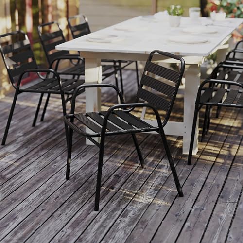 Flash Furniture Lila Commercial Restaurant Stack Chair with Triple Slat Back and Arms, Indoor-Outdoor Dining Chair, Black