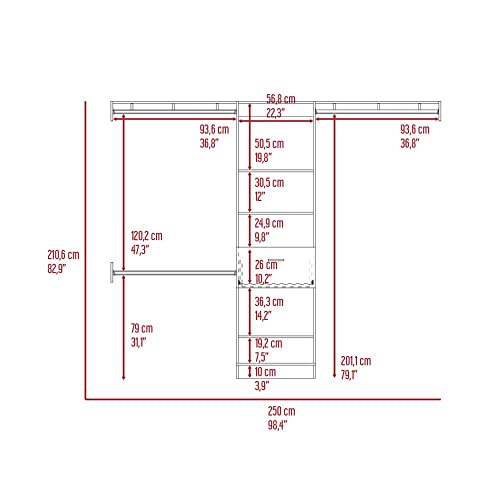 Manchester 250 Closet System with 5 Open Shelves, 1 Drawer, and 3 Metal Rods, Dark Walnut