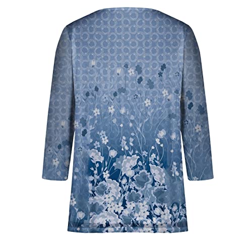 Camiseta con Estampado de Manga 3/4 para Mujer, Blusa holgada con Cuello Redondo, Camisetas, túnica moderna Suave,Blue,Small
