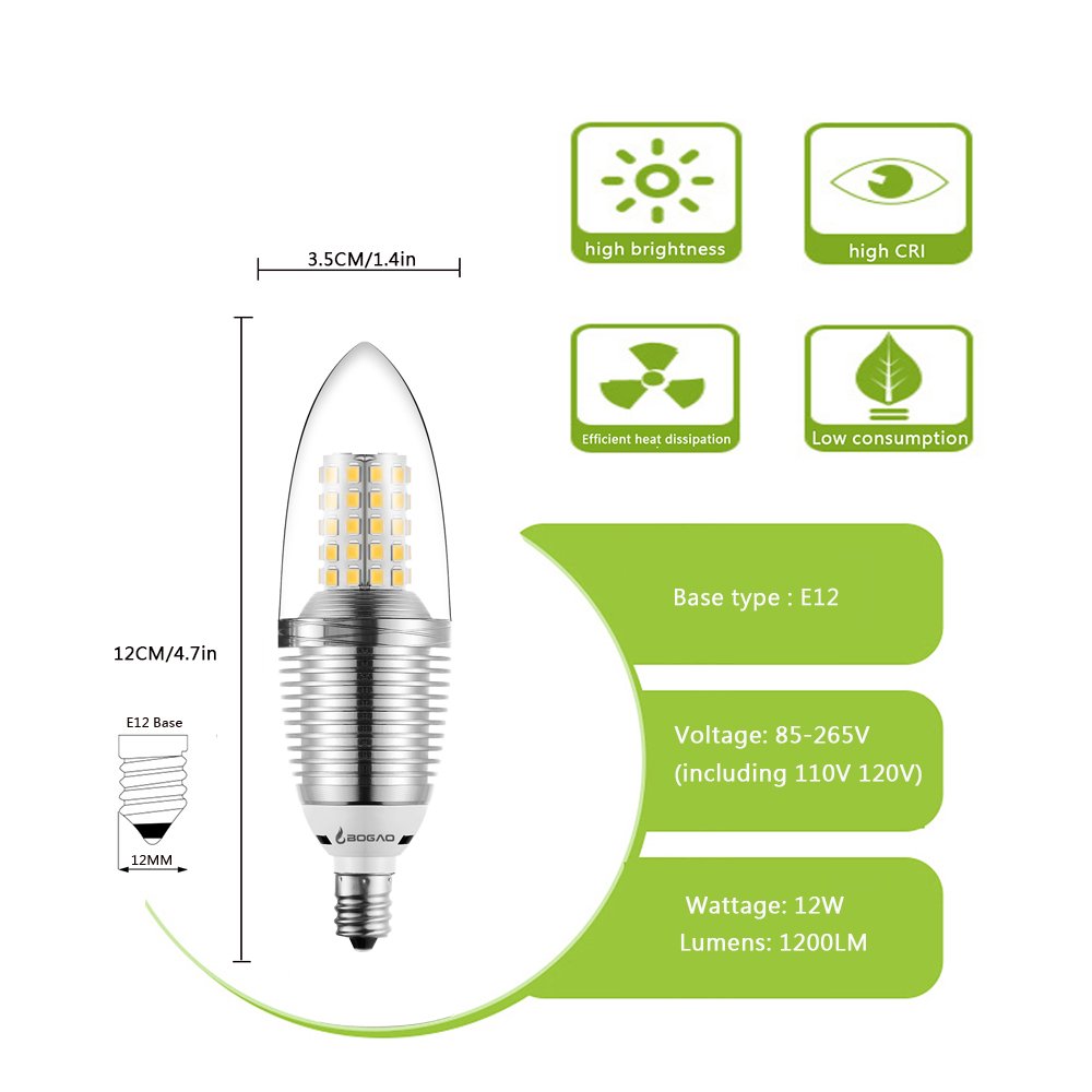 Bogao E12 LED Candelabra Bulb, 12W Daylight White 6000K LED Candle Bulbs, 80-100 Watt Light Bulbs Equivalent, E12 Candelabra Base,1200 Lumens LED Lights,Torpedo Shape (4 Pack)