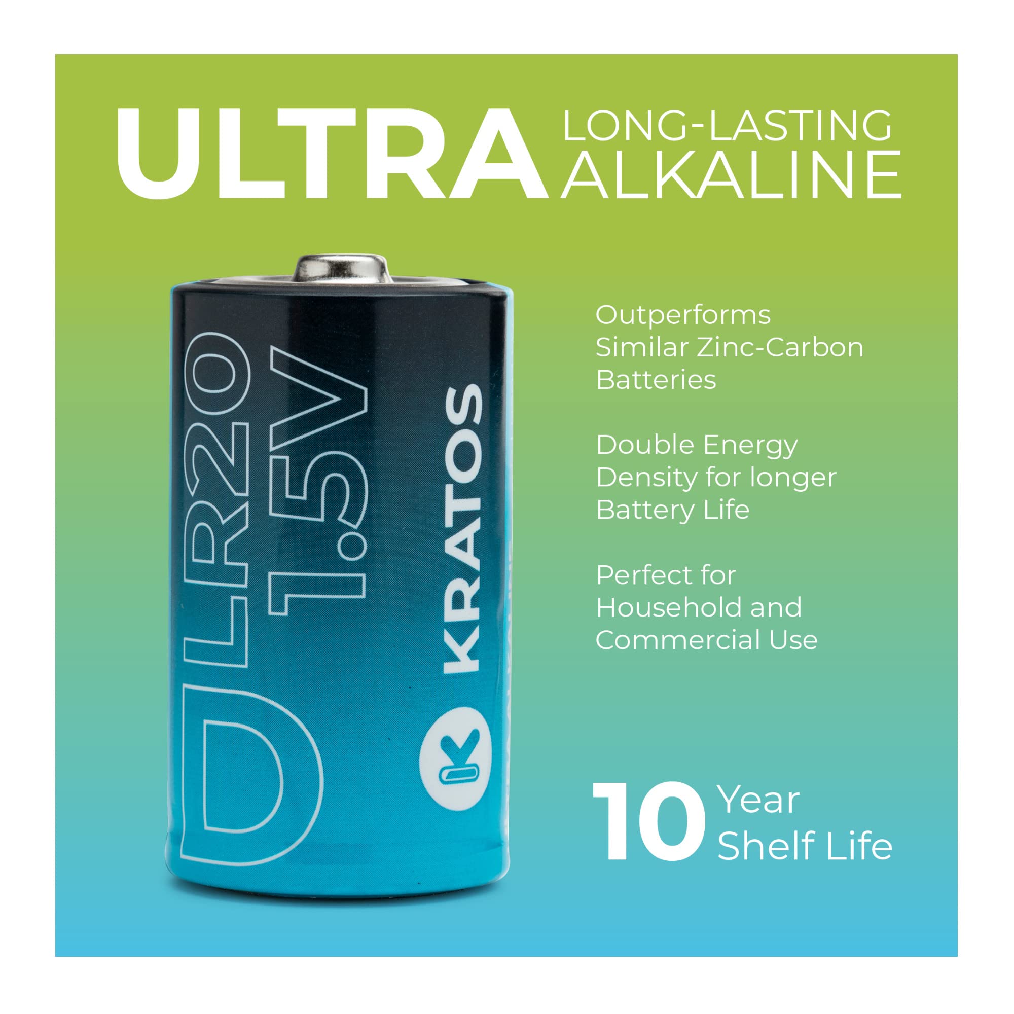 Kratos Power D Batteries - 4 Pack Alkaline Batteries - Long-Lasting All-Purpose D Battery - 10 Year Shelf Life - Mercury & Cadmium Free Flashlight Batteries - Disposable Replacement Batteries