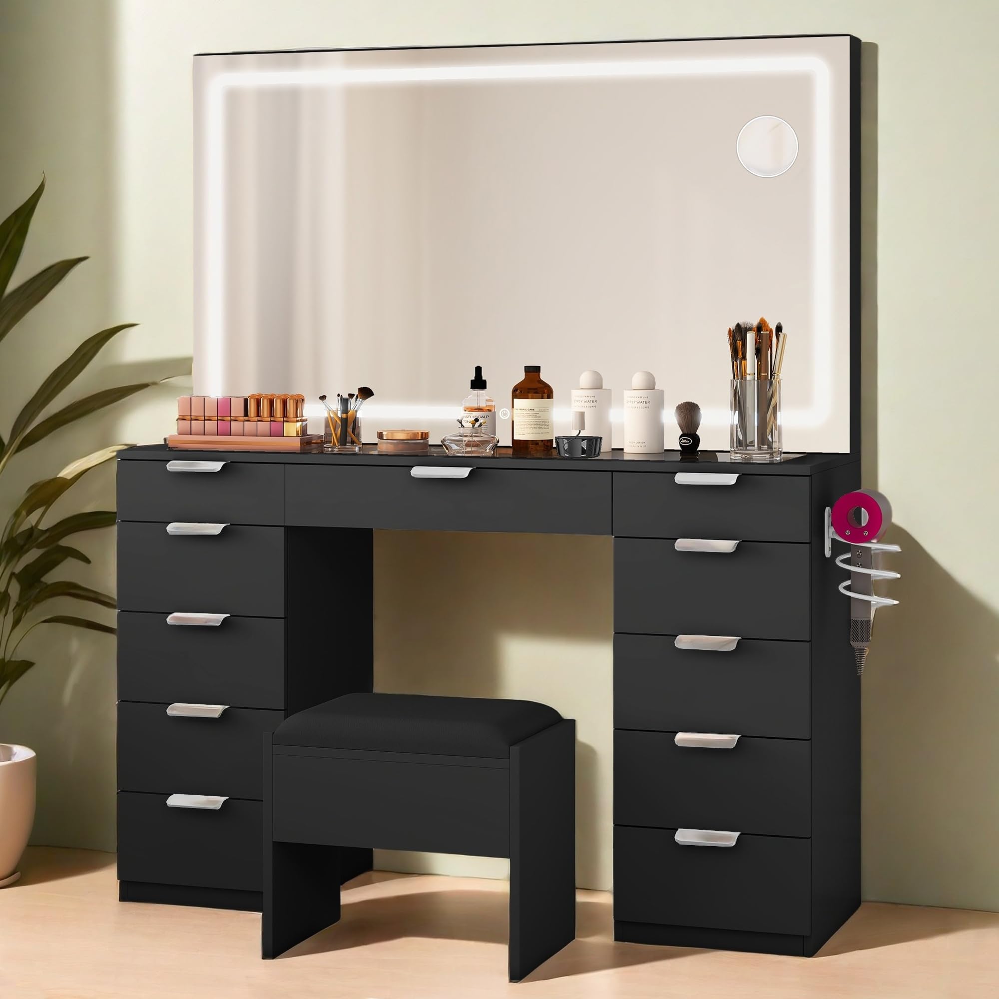 DWVO Vanity with LED-Lit Mirror & Electrical Socket, Cosmetic Vanity Station with 11 Compartments and Magnifier, 46'' Dressing Table with Seating Storage for Bedroom