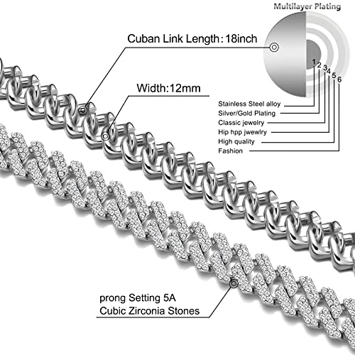 HDMENC Mens Miami Cuban Link Chain Necklace 12mm Diamond Prong Cuban Chain 18/20/24inch Length Hip Hop Jewely with Gift Box