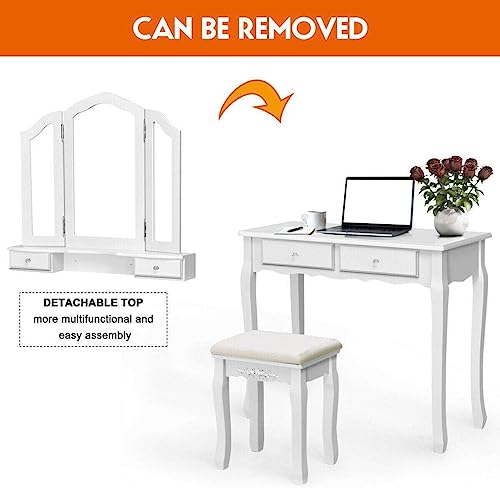 KJNS White Tri Folding Mirror Vanity Makeup Table Stool Set Desk with 4 Drawers Vanity Desk Makeup Vanity Side Tables Bedroom Vanity Table Portable Desk Vanity Set