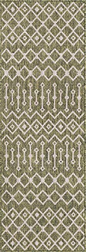 Unique Loom Outdoor Trellis Collection Area Rug - Tribal Trellis (2' x 8' Runner, Green/ Natural)