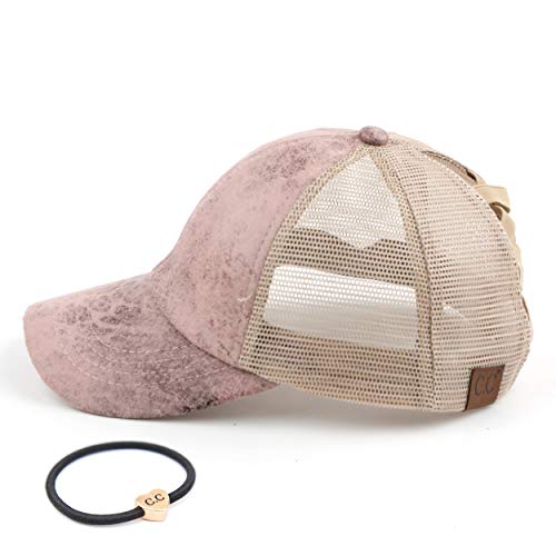 C.C Exclusives Washed Distressed Cotton Denim Criss-Cross Ponytail Hat Baseball Cap Bundle Hair Tie (BT-923) (A Elastic Band-Vintage Faux Leather Rose)