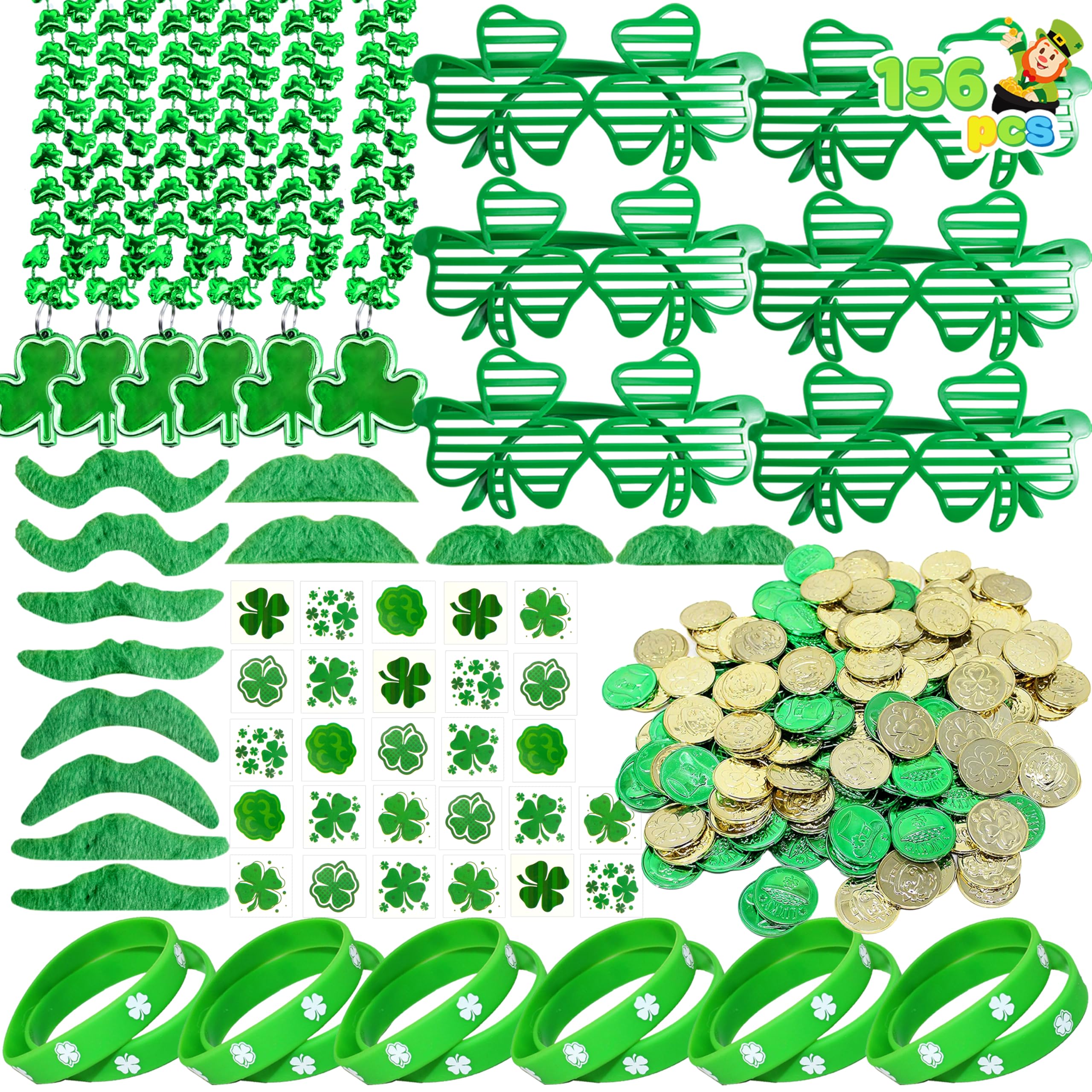 JOYIN 156 Pcs St. Patrick's Day Party Favor Set, 6 Necklaces 6 Eyeglasses 12 Bracelets 72 Temporary Tattoos 12 PCS Mustache 48 Plastic Coins St Patricks Day Accessories