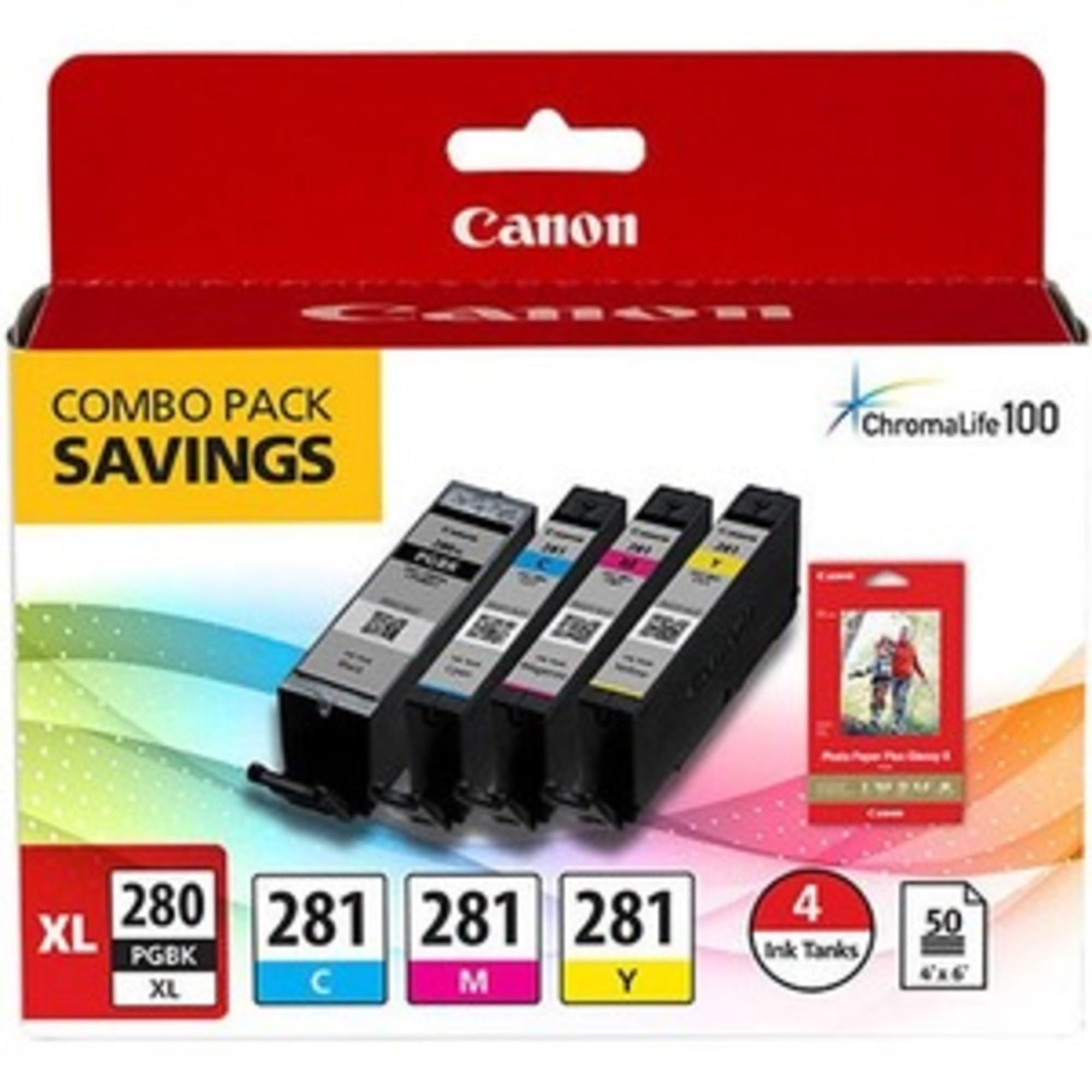 Canon PGI-280XL PGBK/CLI-281CMY, 50 Sheets PP-301 Combo Pack Compatible to TR8520, TR7520, TS9120 Series,TS8120 Series, TS6120 Series, TS9521C, TS9520, TS8220 Series, TS6220 Series