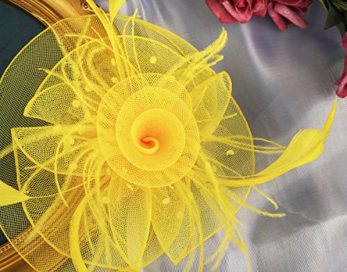 Cizoe Fascinators for Women with Feather Mesh Veil Headband Bridal Wedding Tea Party Cocktail Hat(yellow)