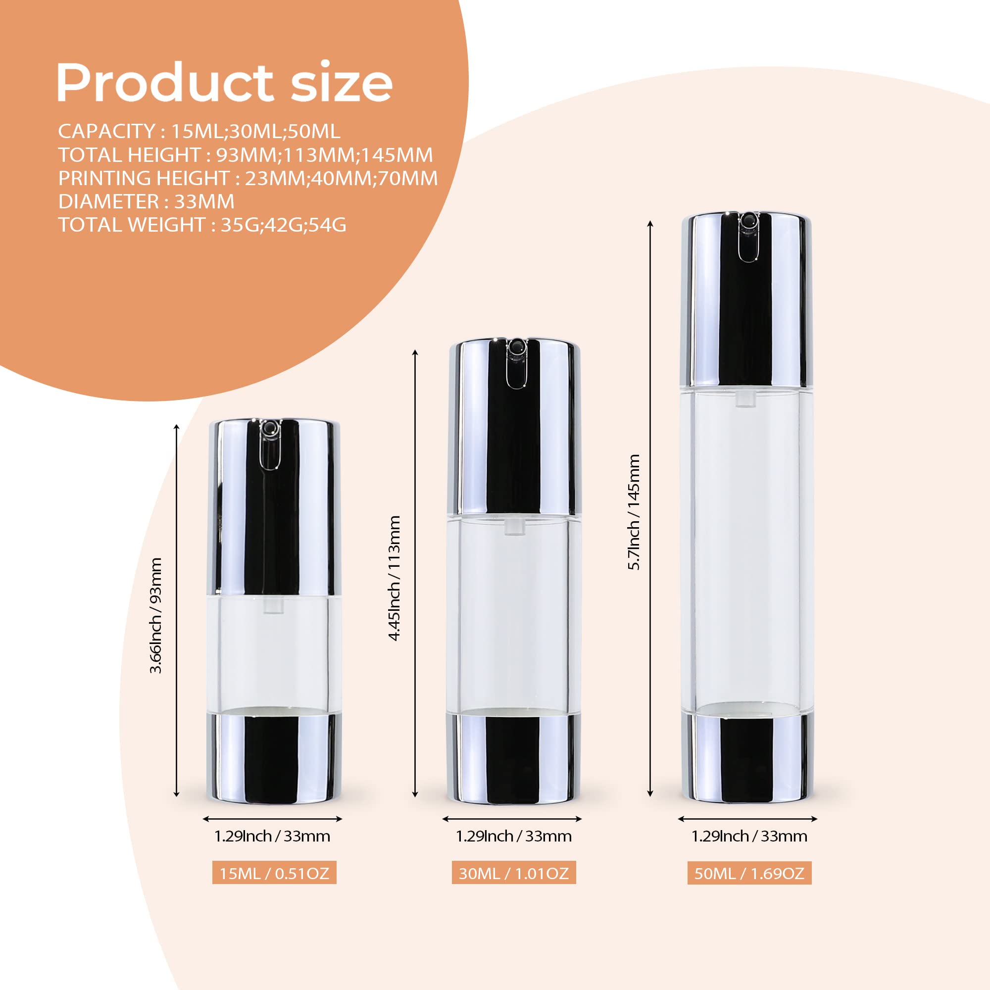 longway 15ml Airless Pump Bottle Silver Airless Cosmetic Cream Pump Bottle Travel Size Dispenser Refillable Containers(0.5oz,Pack of 6 )