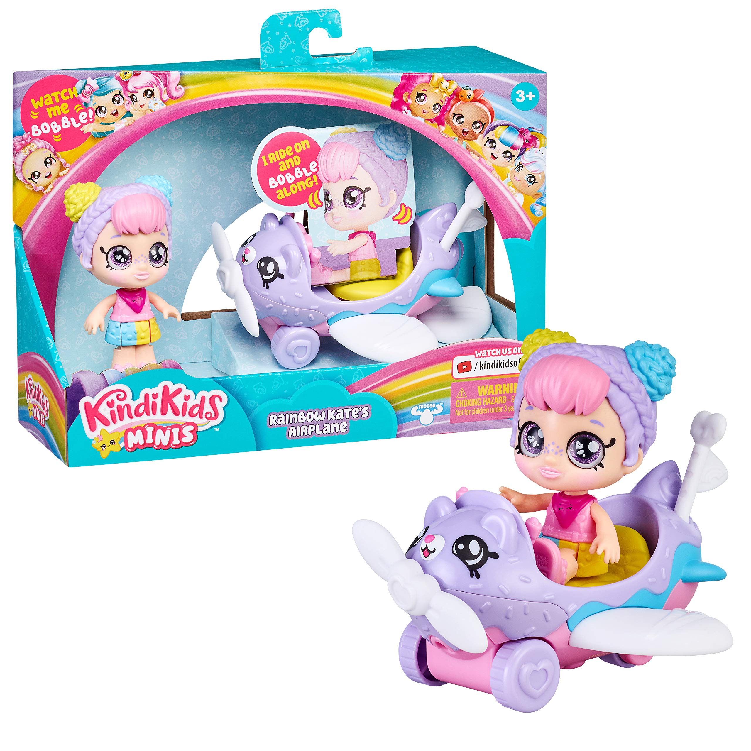Kindi Kids Minis - Rainbow Kate's Airplane - Collectible Vehicle and Posable Bobble Head Figurine 2pc