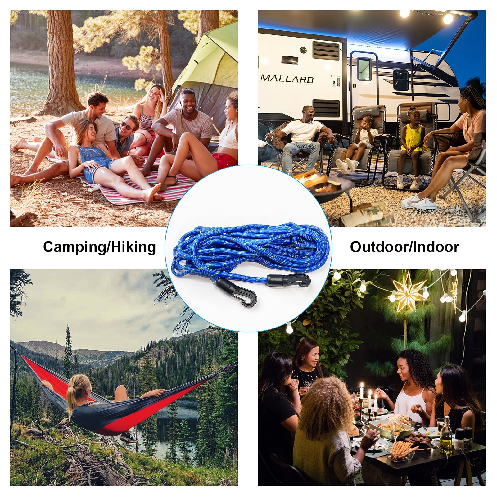 Camping Accessories Campsite Storage Strap, with 2 LED Camping Lights, 16ft Adjustable Tent Camping Lanyard Rope Clothesline, for Outdoor Hammock Hanging Camping Gear and Equipment, Tent Accessories