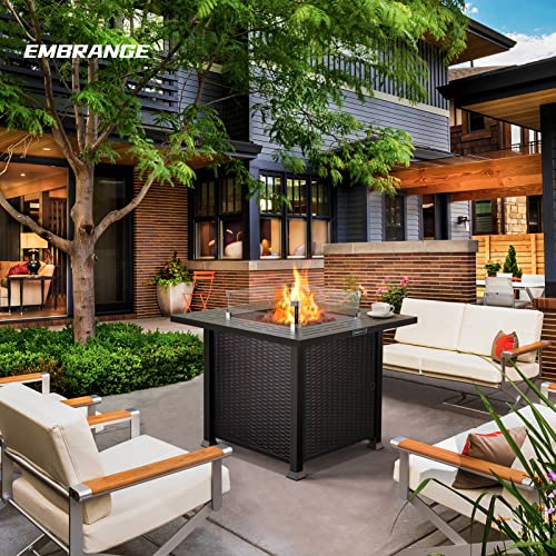 EMBRANGE 32In Propane Fire Pit Table,50,000BTU Auto-Ignition Gas Fire Pit Table with Glass Wind Guard, CSA Certification,Outdoor Fire Pit for Deck/Patio/Porch/Poolside, Black