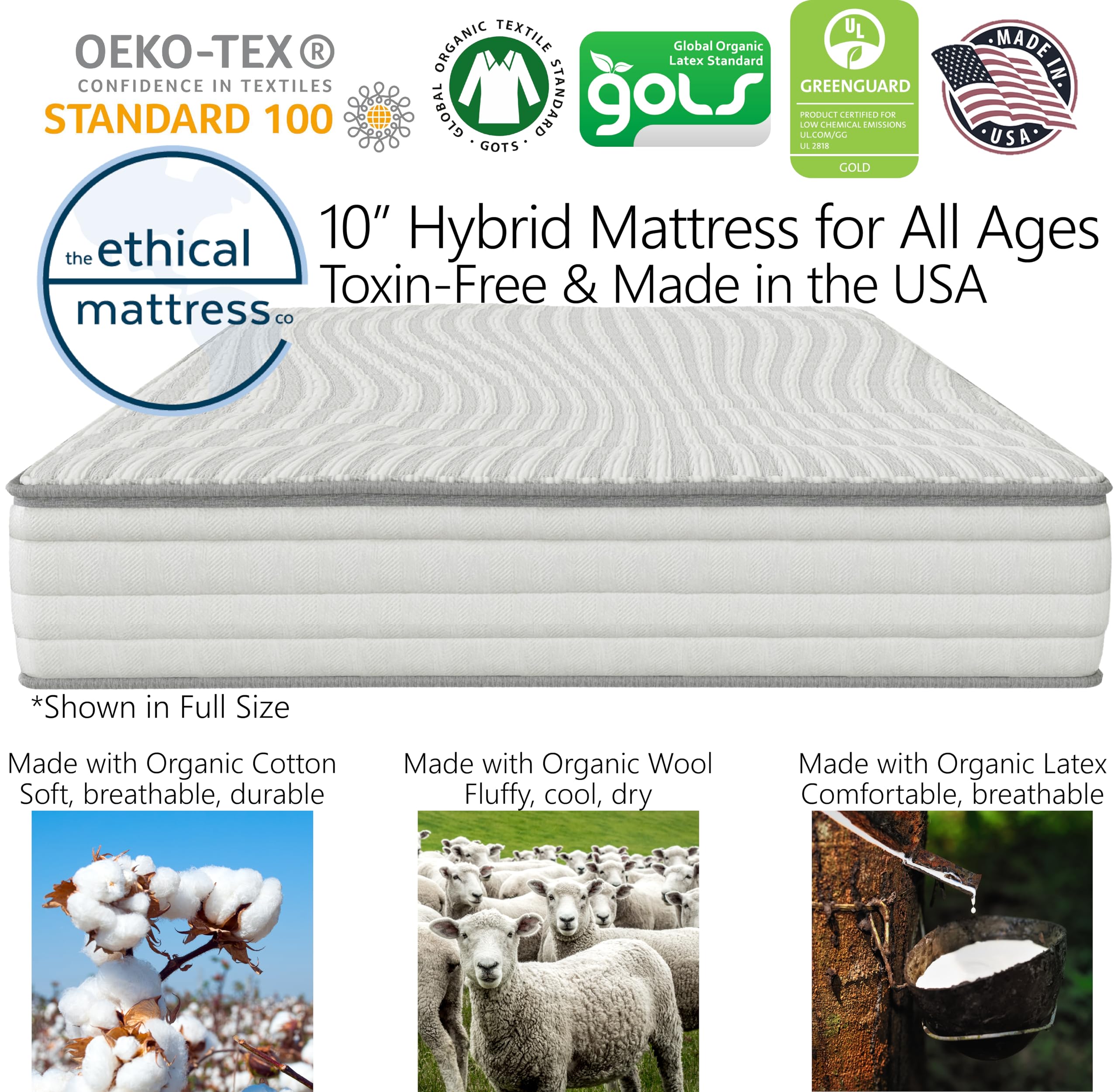 Ethical Mattress CO 10" Toxin-Free Hybrid Mattress, Made in USA with Organic Cotton, Wool, Latex & Pocketed Coils (Mattress-in-a-Box) Comfortable & Supportive for All Ages - Full Size
