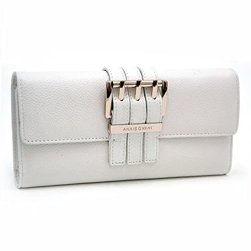Dasein Anais Gvani Women's Checkbook Wallet with Buckle Accent Genuine Italian Leather (B004 White)