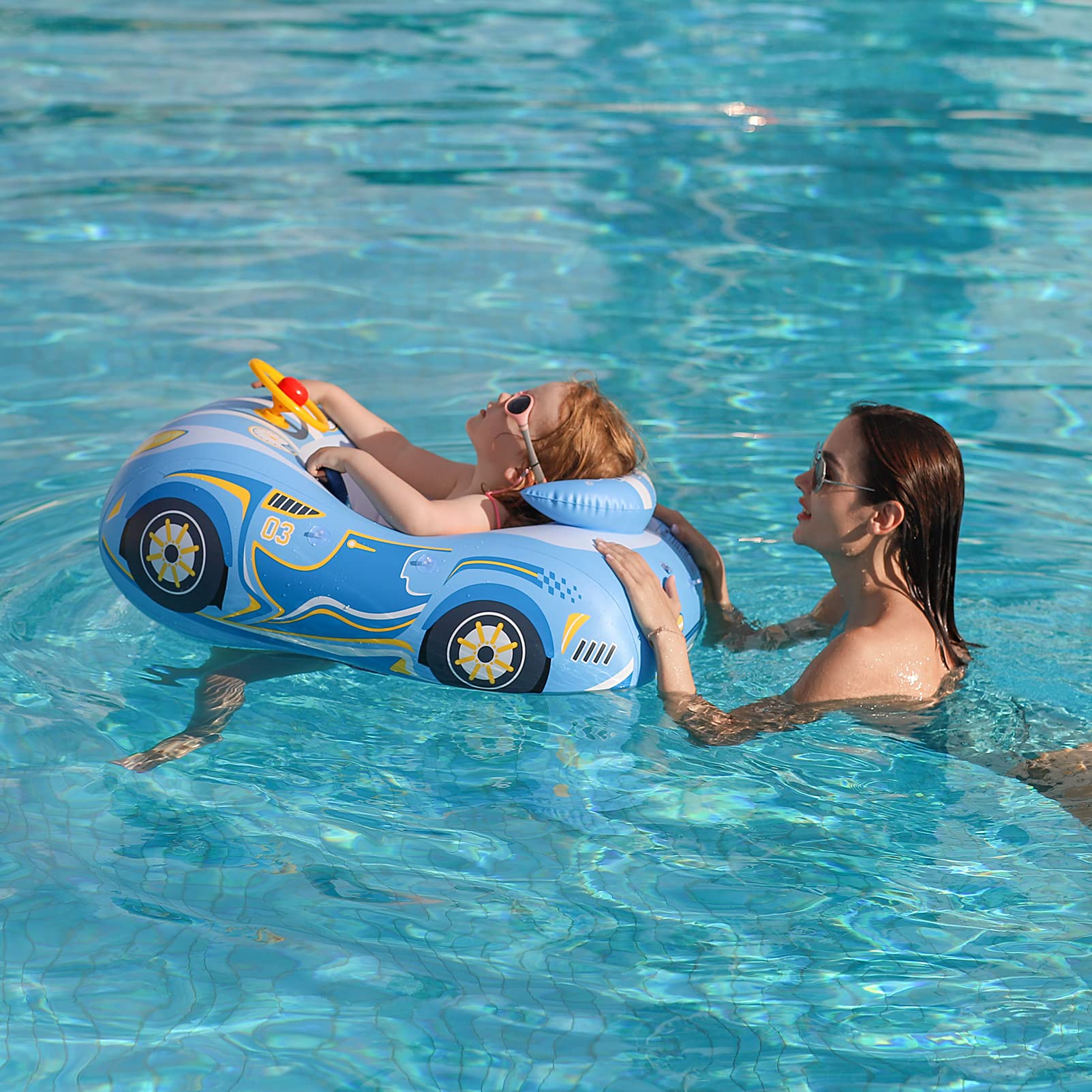 Swimbobo Toddler Pool Float with Seat Boat Inflatable Ride-on Car for Kids Outdoor Toys(Blue Sport Car)