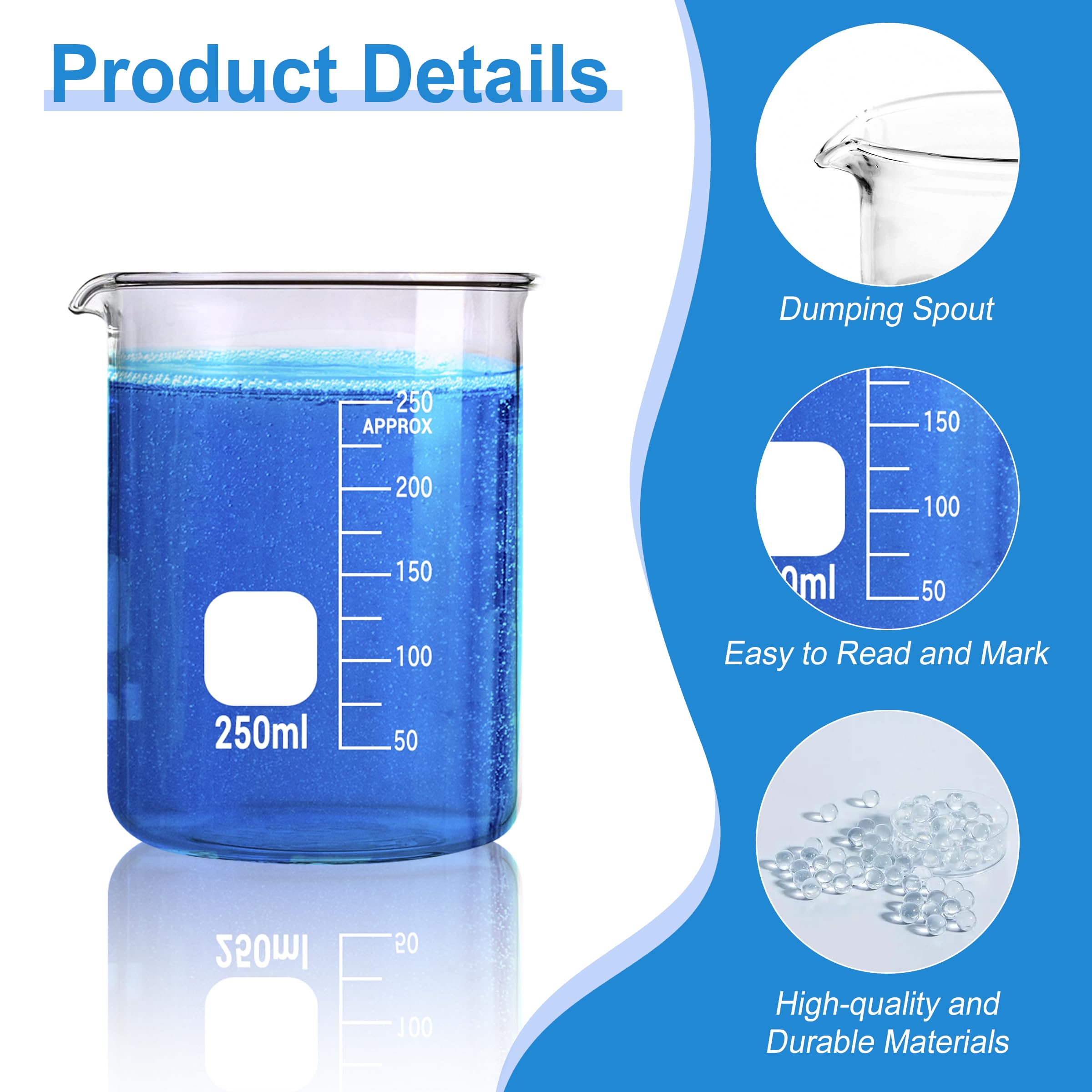Glass Beakers Set, 5 Sizes - 10ml, 25ml, 50ml, 100ml, 250ml, 3.3 Borosilicate Beaker for Laboratories, Classrooms or Home, Griffin Low Form Lab Beakers