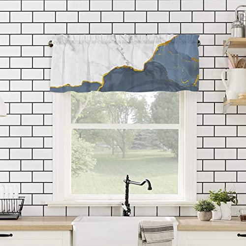 Marble Blue Haze Valance Curtains for Living Room/Bedroom/Bathroom/Kitchen Window,Rod Pocket Window Valance Tiers Small Curtain Drape Treatment,Modern Abstract Gold White Gray Panel Valance 60"x18"