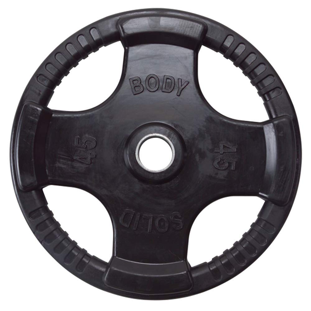 Body-Solid Quad Grip Design Rubber Plate - Olympic Weight Plates 355lbs. Set with Rubber Coating, Dumbbell & Bumper Weights for Barbell, Black