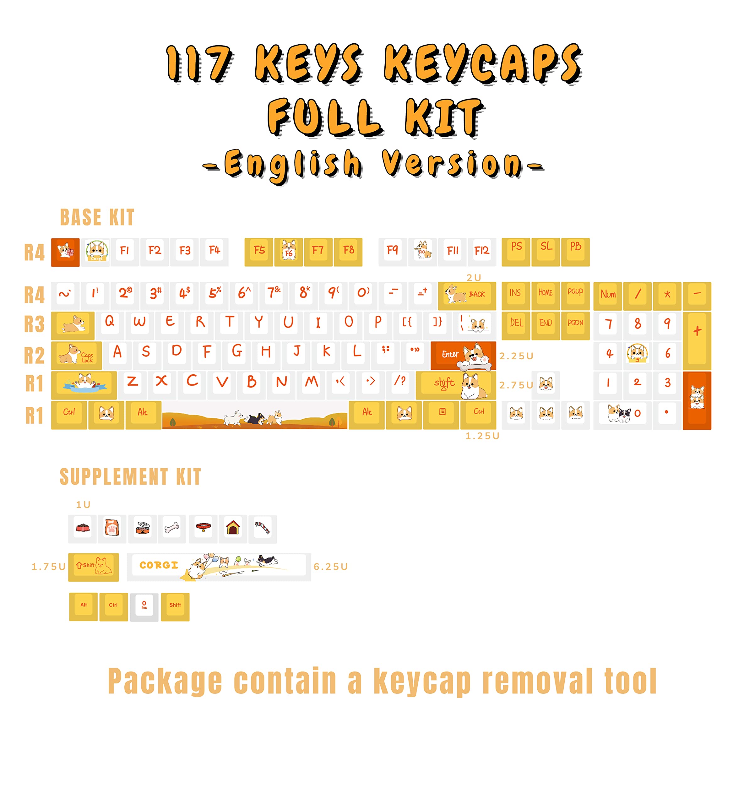 Corgi Dog Keycaps for Cherry MX Switches Cute Pets Mechanical Gaming Keyboard, PBT Key Caps Set(English Version)
